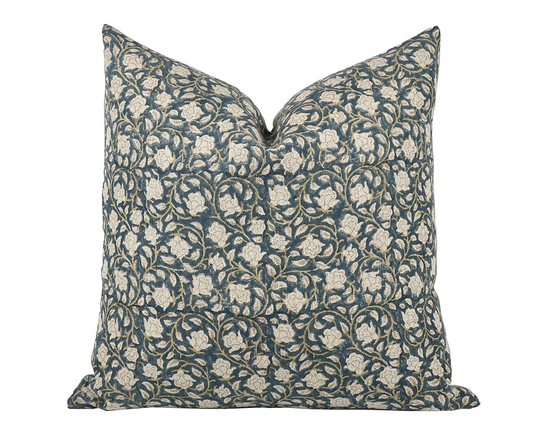 SARCELLE | Designer Teal Floral Linen Pillow Cover, Block Print Pillow ...