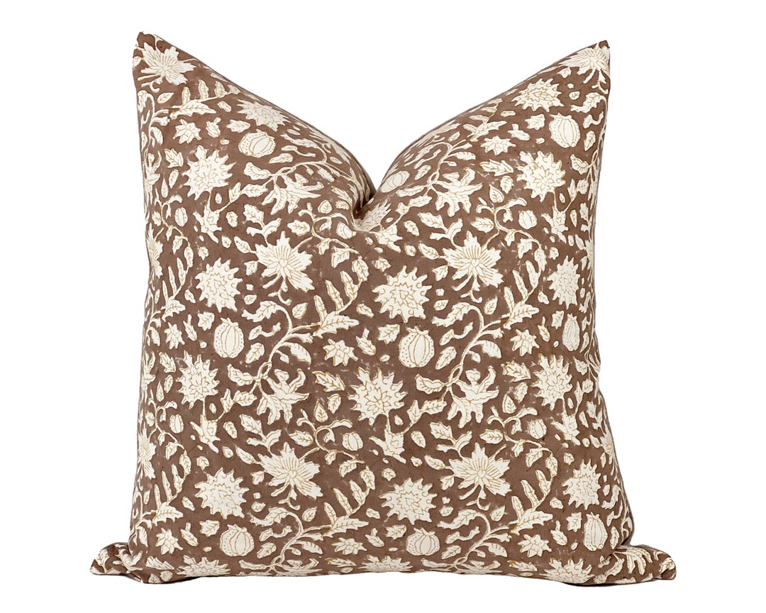 CAROB | Designer Dark Brown Floral Linen Pillow Cover, Floral Block ...