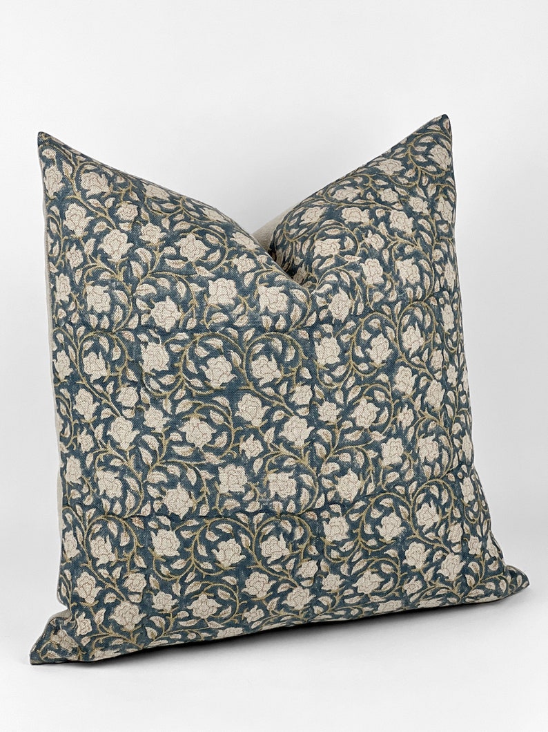 SARCELLE | Designer Teal Floral Linen Pillow Cover, Block Print Pillow ...