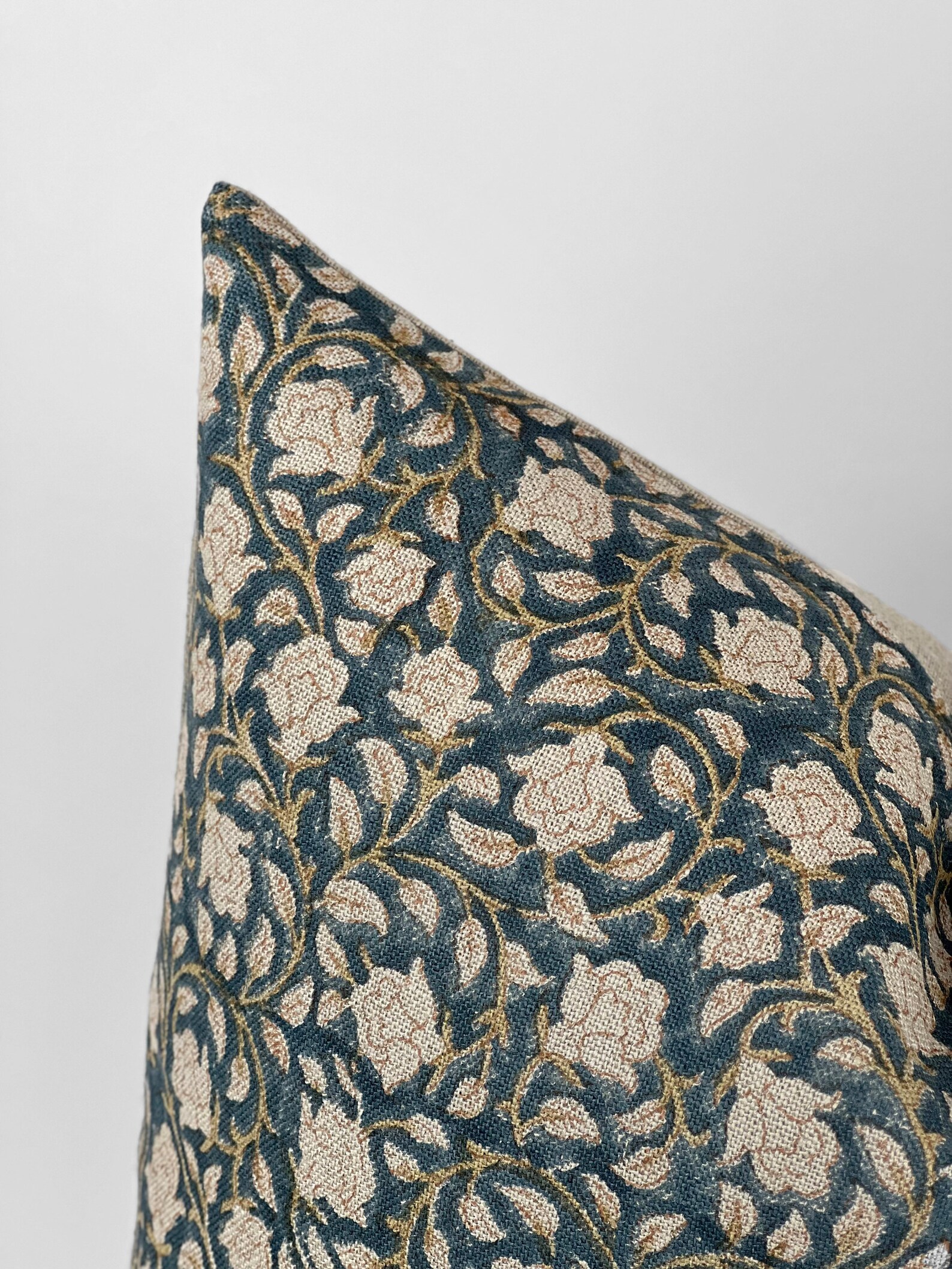 SARCELLE | Designer Teal Floral Linen Pillow Cover, Block Print Pillow ...