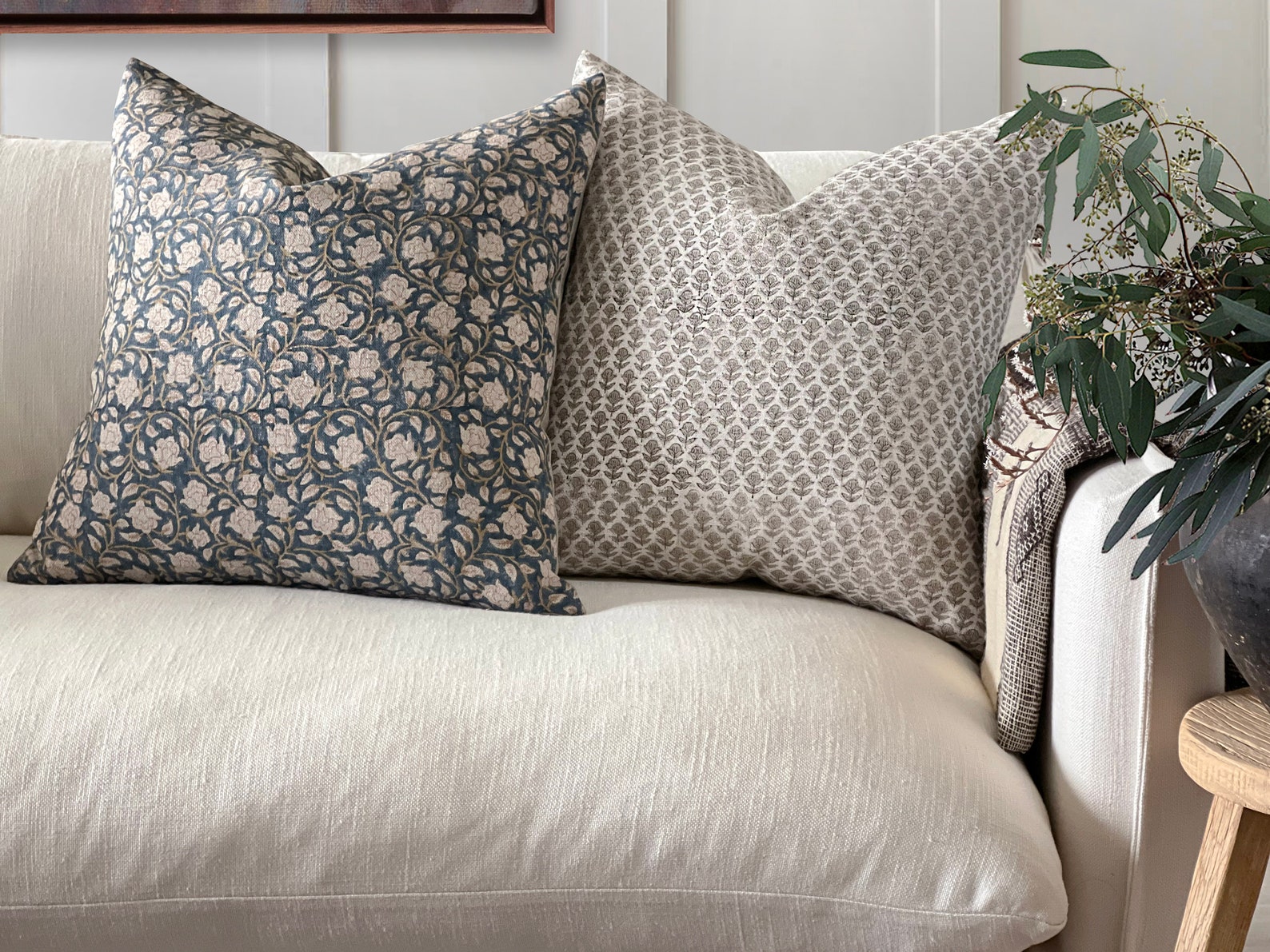 SARCELLE | Designer Teal Floral Linen Pillow Cover, Block Print Pillow ...