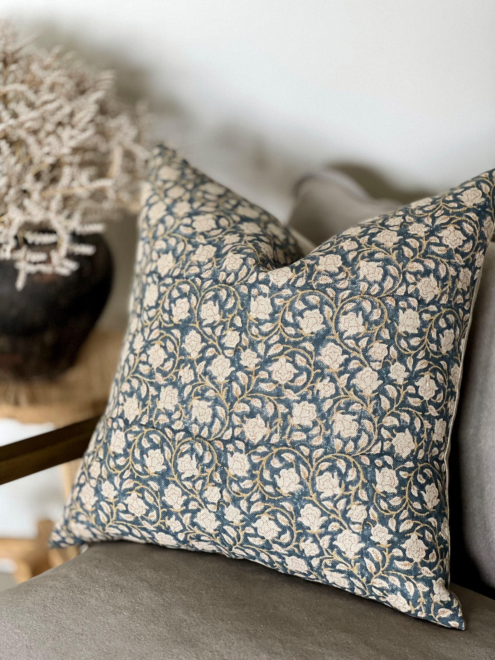 SARCELLE | Designer Teal Floral Linen Pillow Cover, Block Print Pillow ...