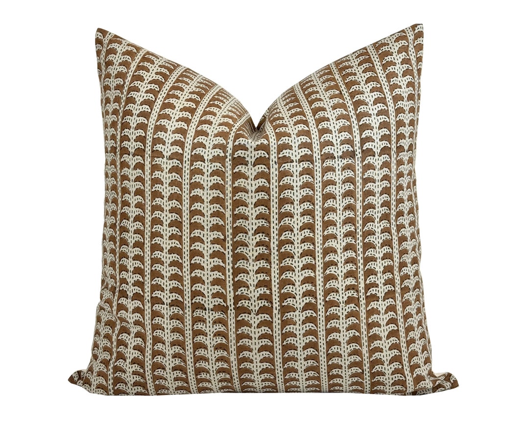 ATWELL | Designer Dark Camel Linen Pillow Cover, Block Print Pillow ...