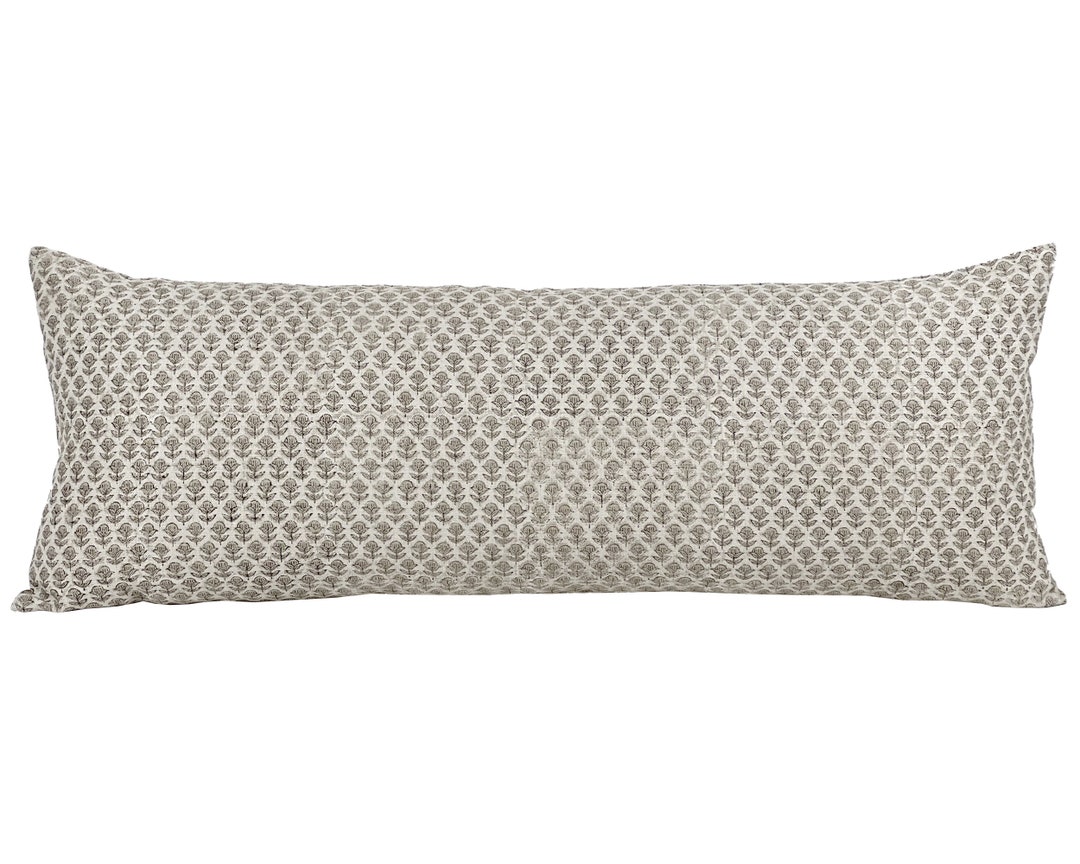 ELODIE Long Lumbar Designer Beige Floral Linen Pillow Cover, Block ...