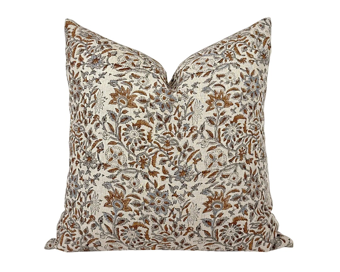 MAIA Designer Blue Grey Brown Linen Pillow Cover, Block Print Pillow ...