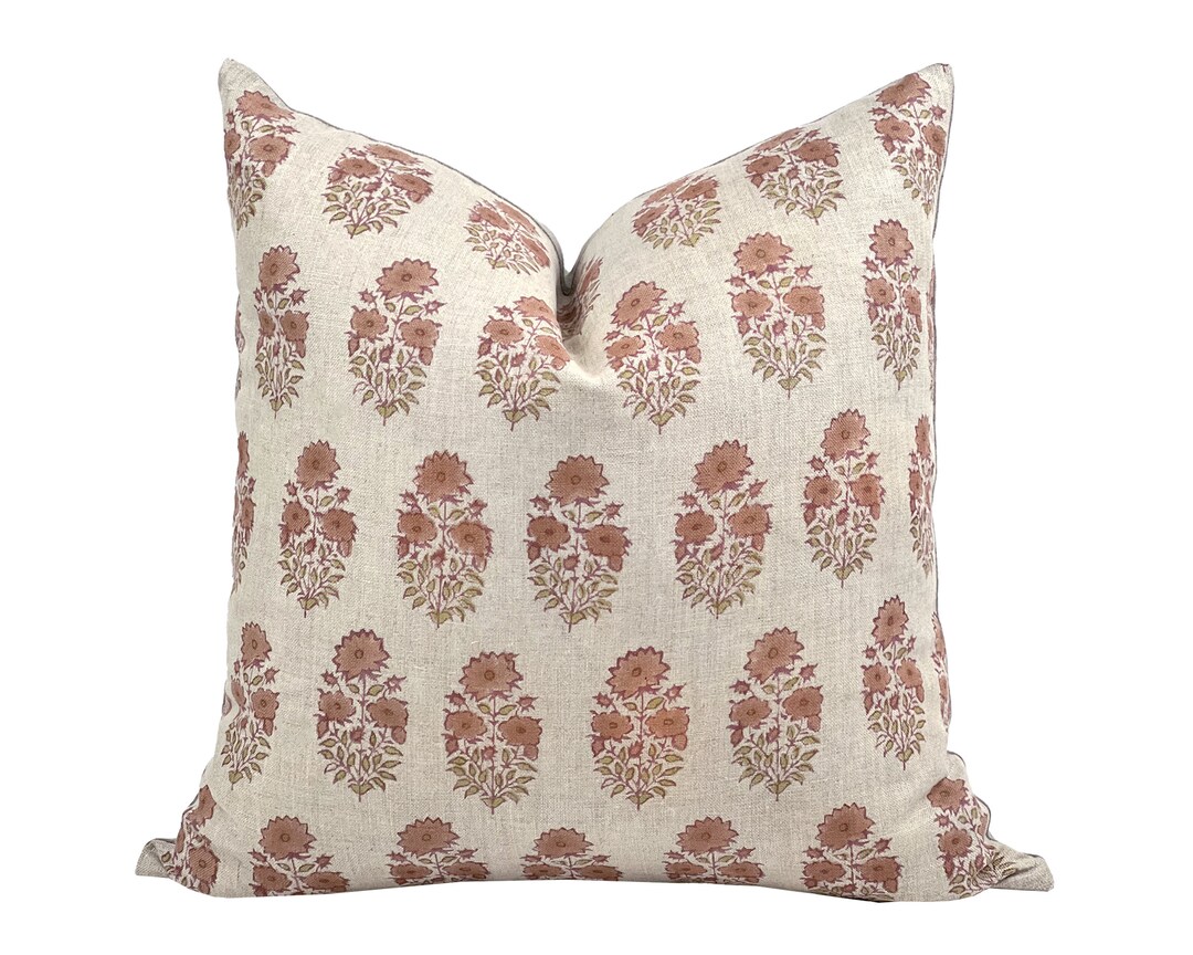 ROUX Designer Terracotta Floral Linen Pillow Cover, Block Print Pillow ...