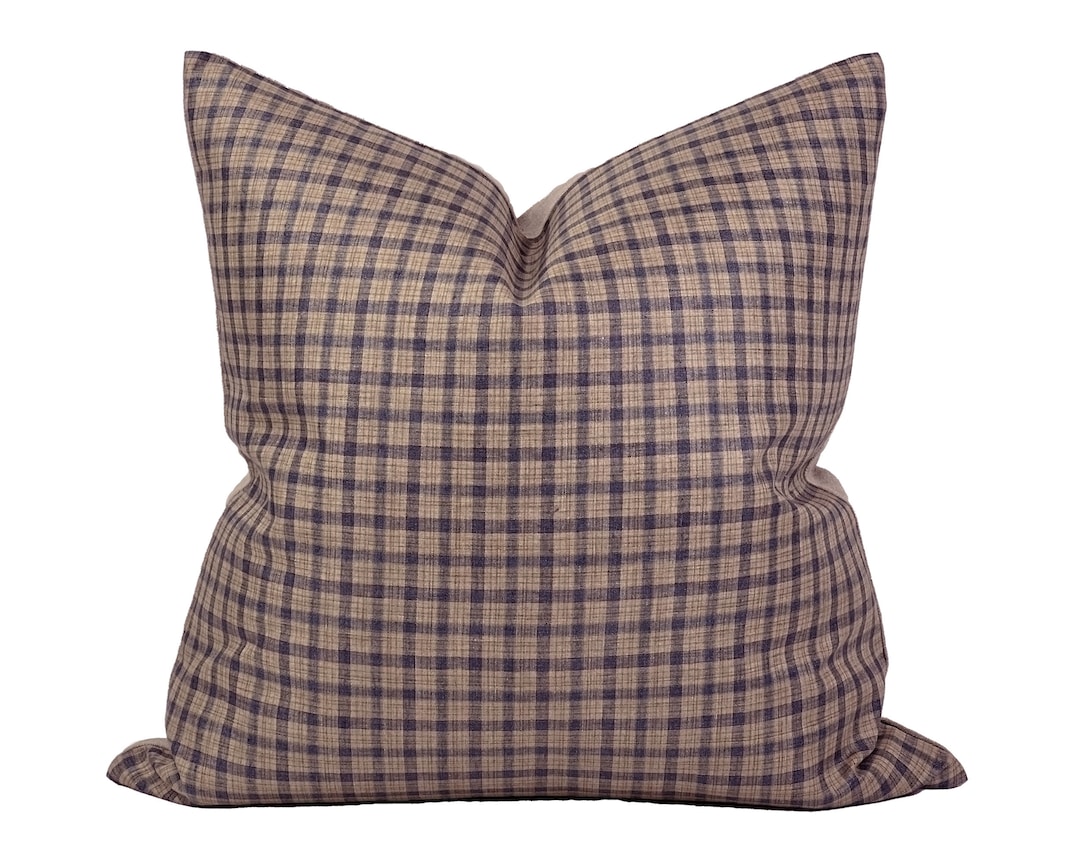 REED | Navy and Tan Plaid Linen Pillow Cover, Farmhouse Pillow, Brown ...