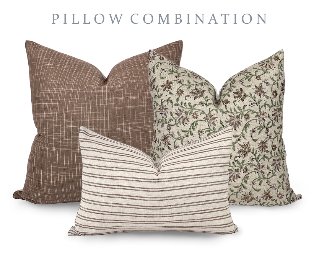 PILLOW COMBO | Warm Neutrals, Brown Flecked Pillow, Earthy Floral Pillow, Striped Pillow, Pillow ...