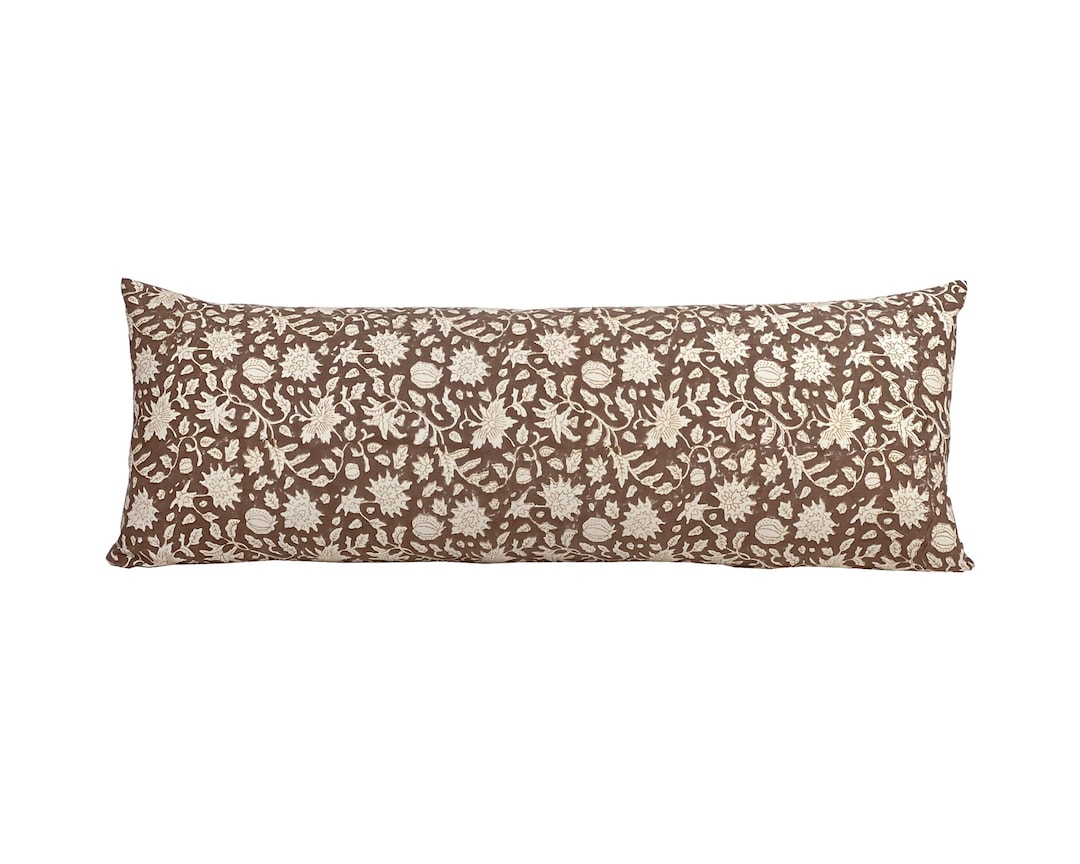 CAROB | Long Lumbar Designer Dark Brown Floral Linen Pillow Cover ...
