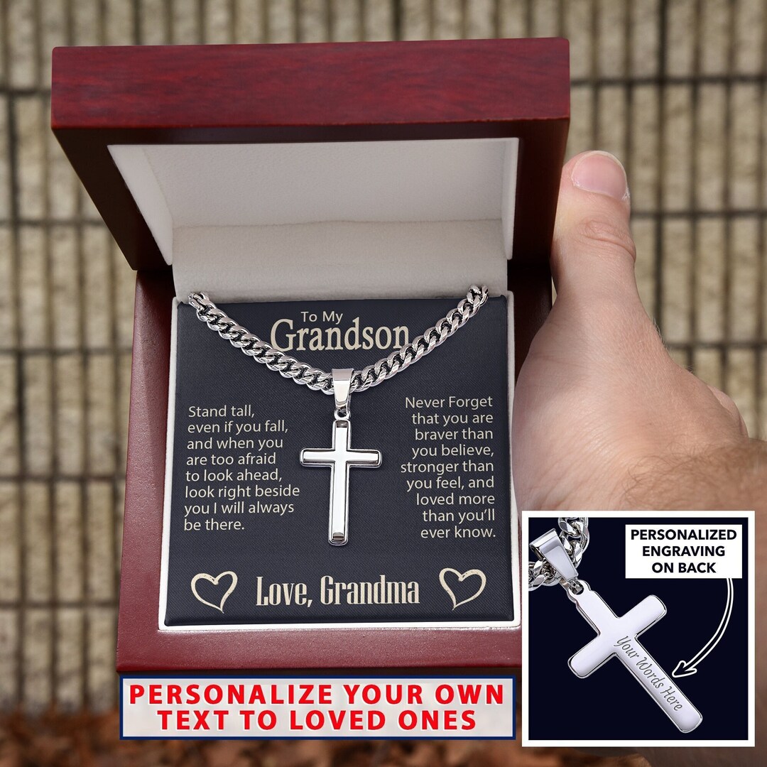 Personalized Engraved Cross Necklace on Cuban Link Chain to My Grandson ...