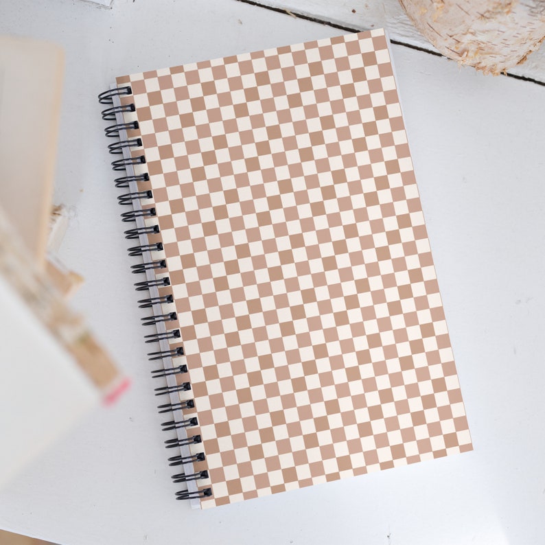 Tan and White Checker Print Spiral Notebook, Trendy Gift, Checkerboard ...