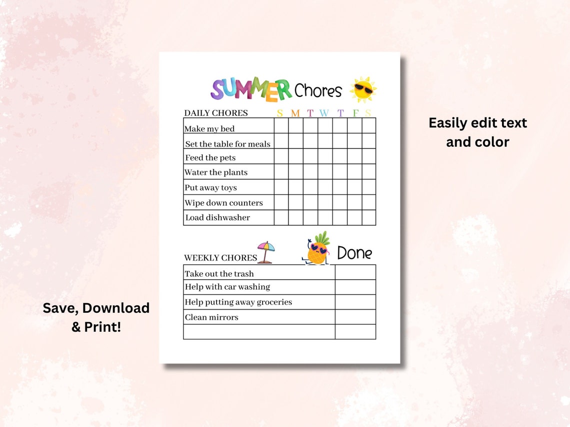 Editable Chore Chart for Kids, Summer Chore Chart Printable, Daily and ...
