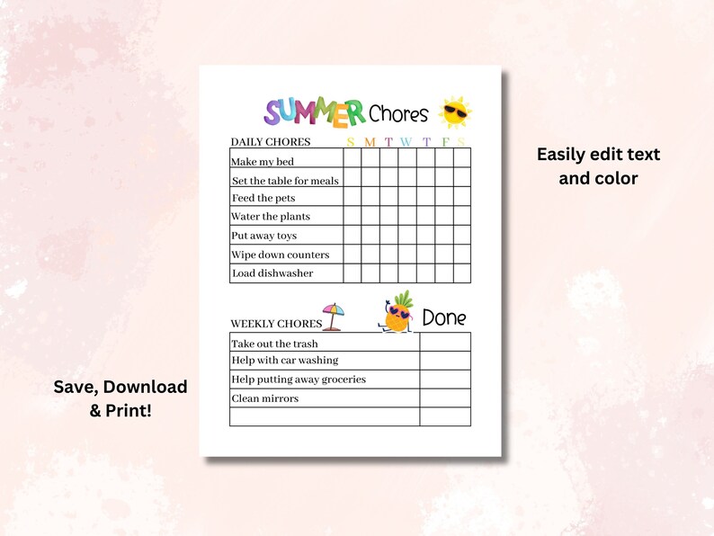 Editable Chore Chart for Kids Summer Chore Chart Printable - Etsy