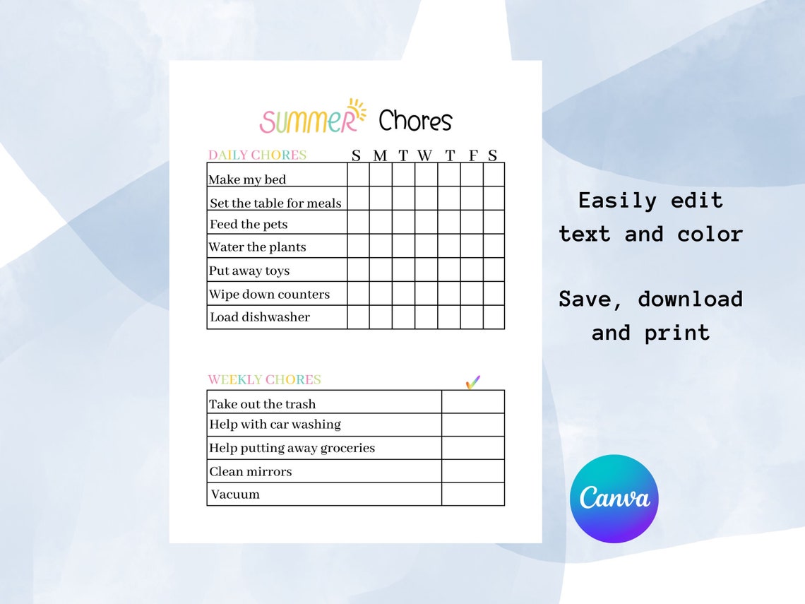 Editable Summer Chore Chart for Kids, to Do List for Children, Daily ...