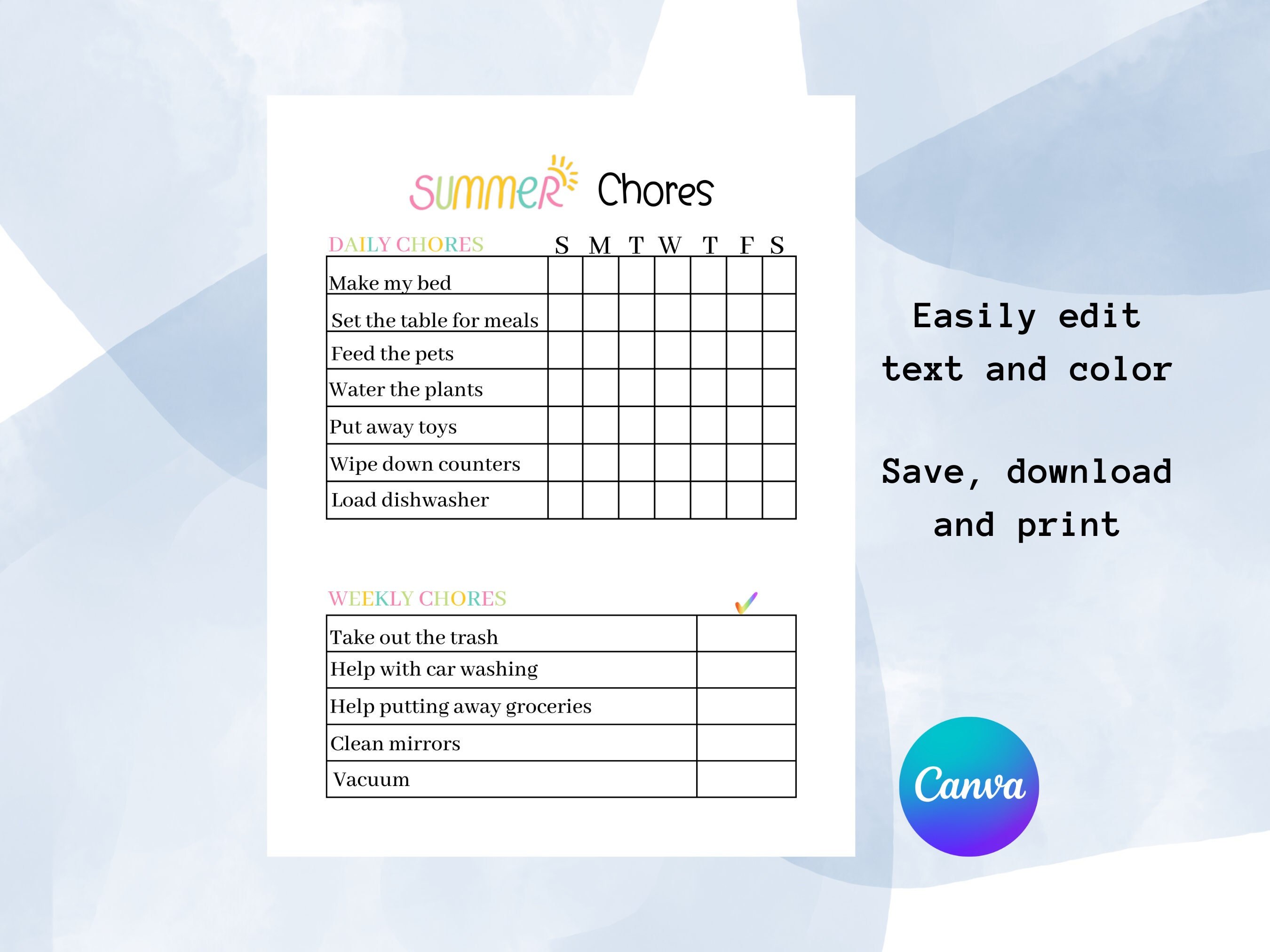 Editable Summer Chore Chart for Kids, to Do List for Children, Daily ...