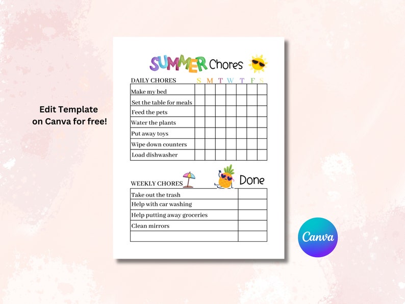 Editable Chore Chart for Kids Summer Chore Chart Printable - Etsy