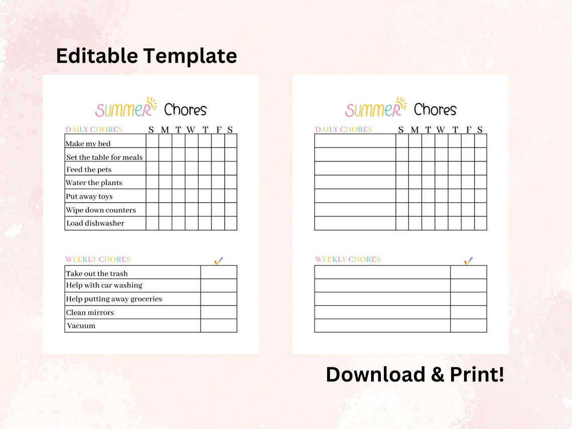 Editable Summer Chore Chart for Kids, to Do List for Children, Daily ...