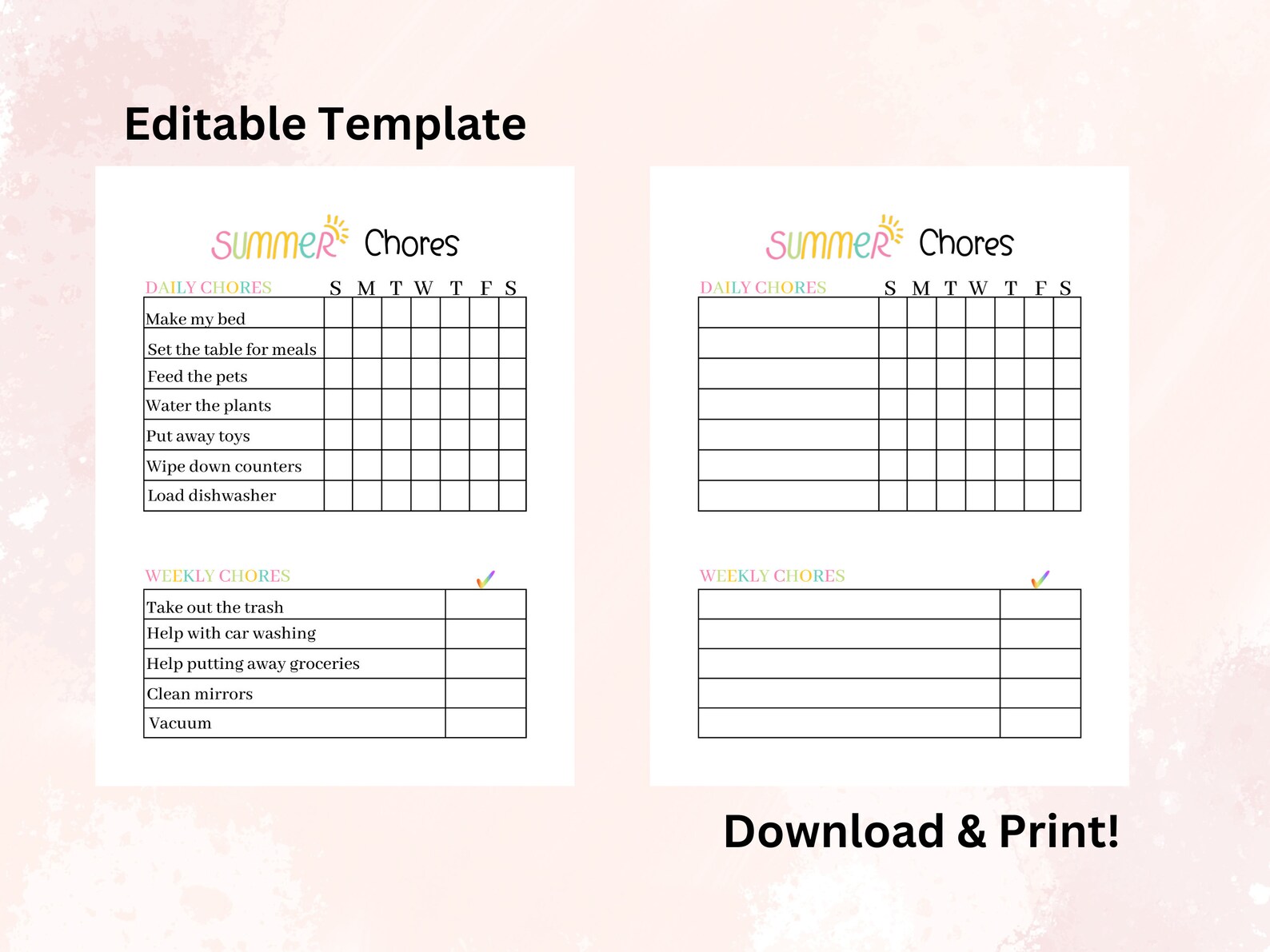 Editable Summer Chore Chart for Kids, to Do List for Children, Daily ...