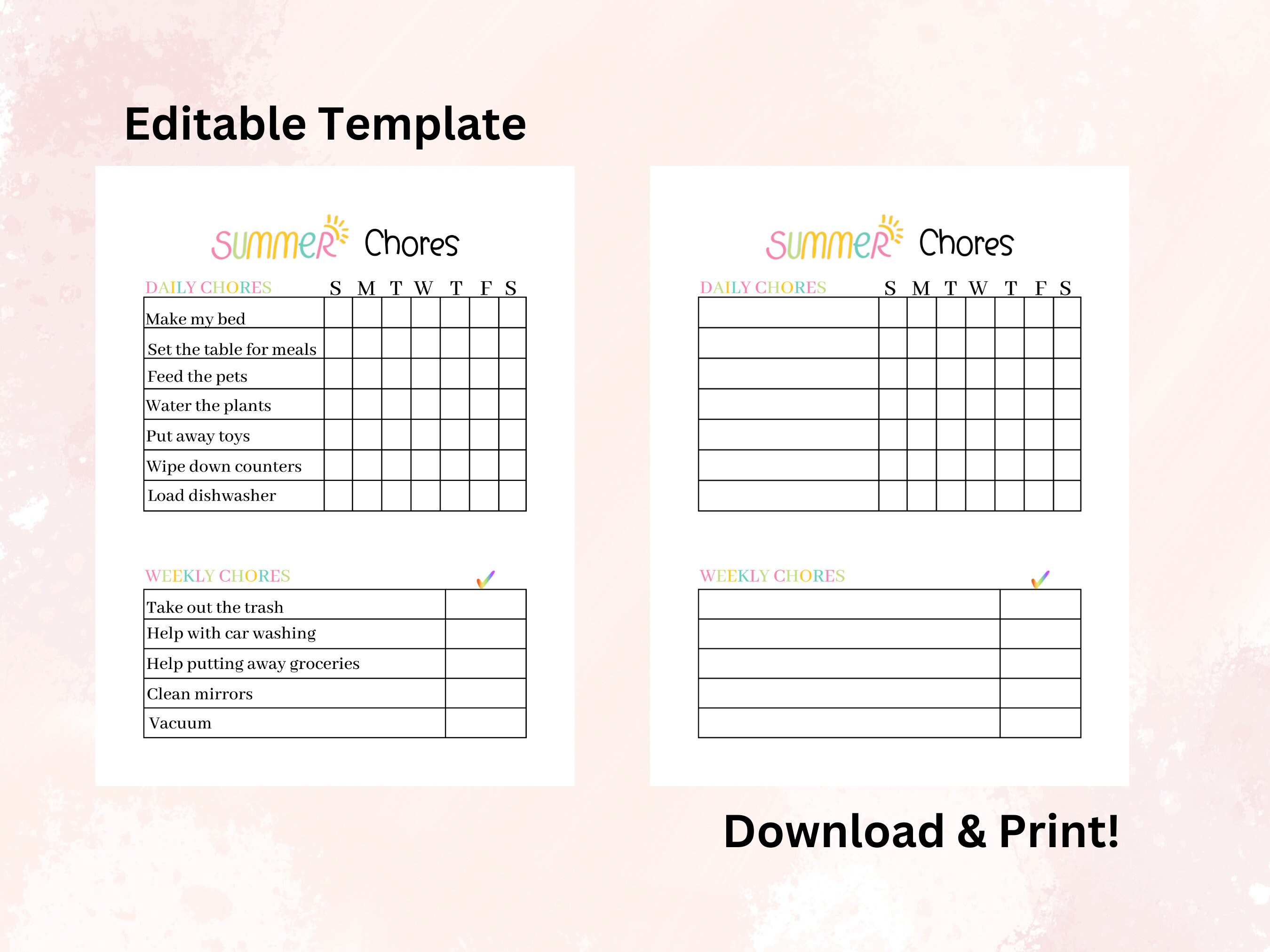 Editable Summer Chore Chart for Kids, to Do List for Children, Daily ...