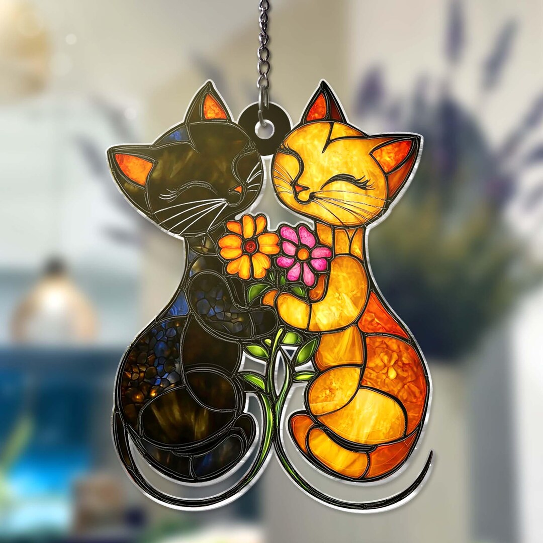 Cat Acrylic Window Decor With Flowers Perfect for Cat Home Decor and ...