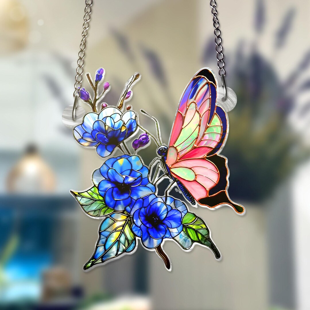 Monarch Butterfly Window Hanging Flowers Acrylic Window Hanging Art ...