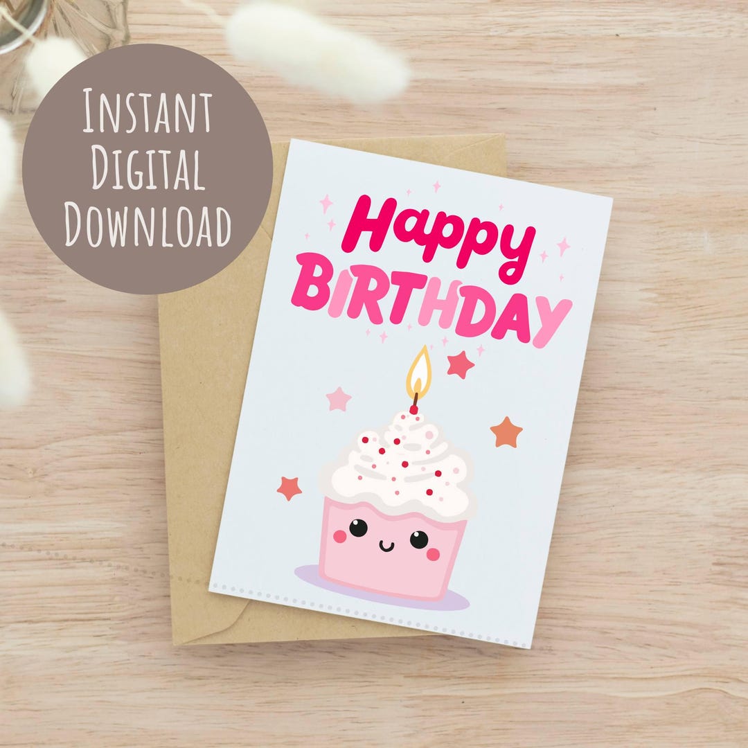 Printable Kids Birthday Card for Girls Cute Cupcake Birthday Card for ...
