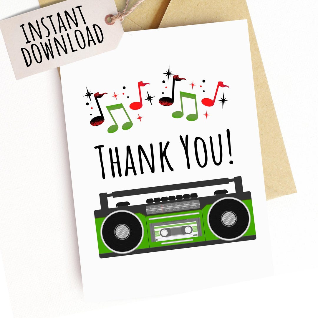 Printable Thank You Card for Music Teacher Music Lover 90s Retro ...