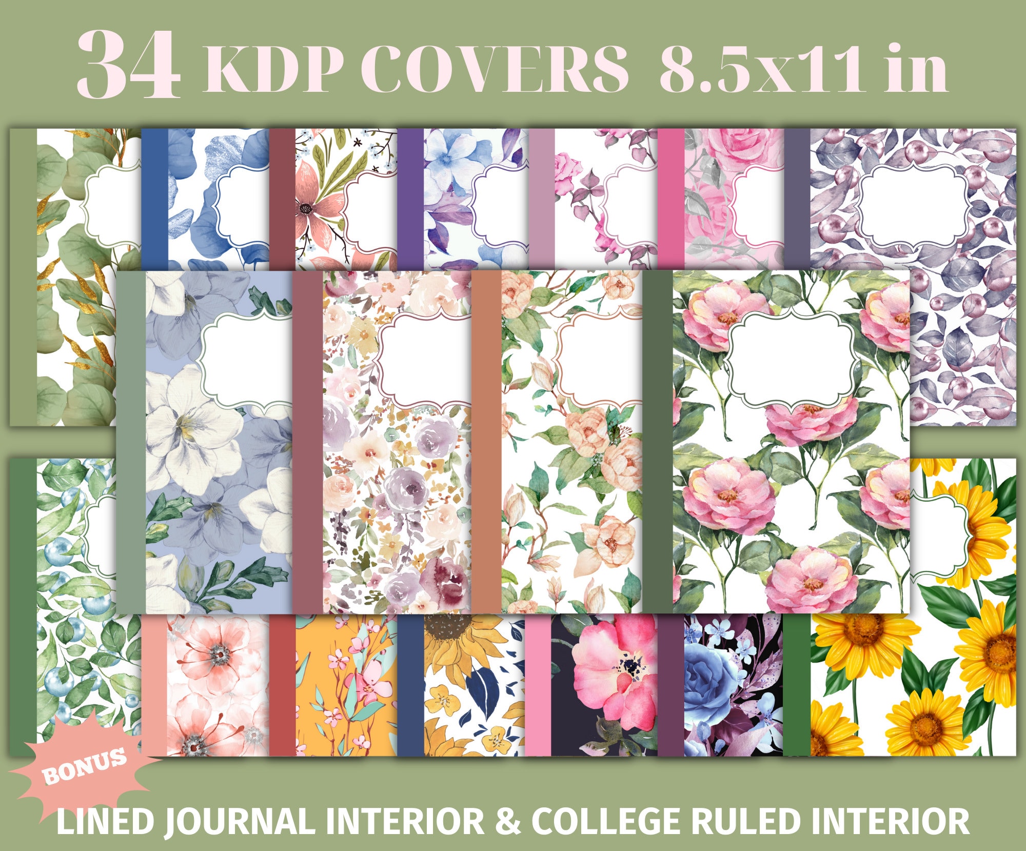 34 KDP Floral Book Covers, Flower Pattern Notebook Covers, 4 KDP ...