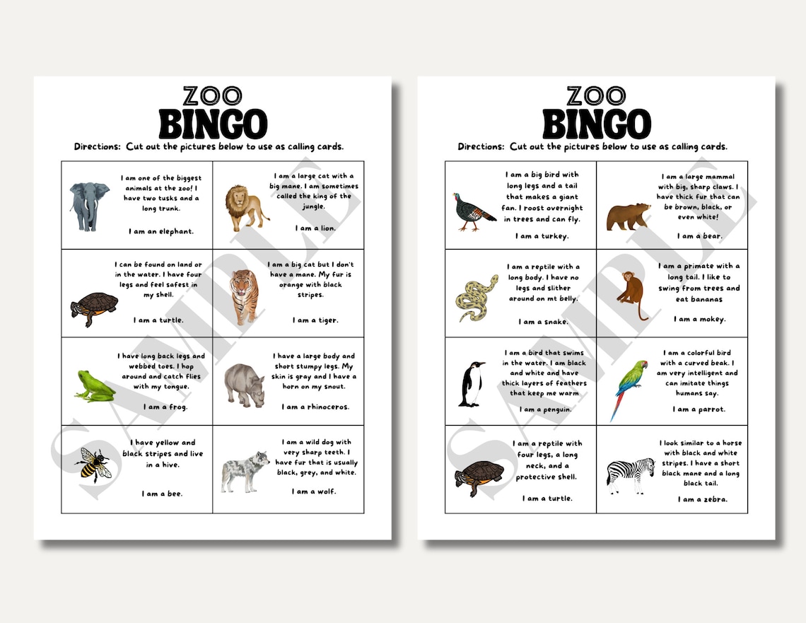 Zoo Bingo 10 Unique Game Cards, Animal Bingo, Zoo Activity, Homeschool ...