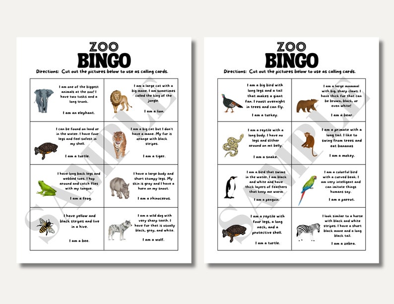 Zoo Bingo - 10 Unique Game Cards, Animal Bingo, Zoo Activity ...