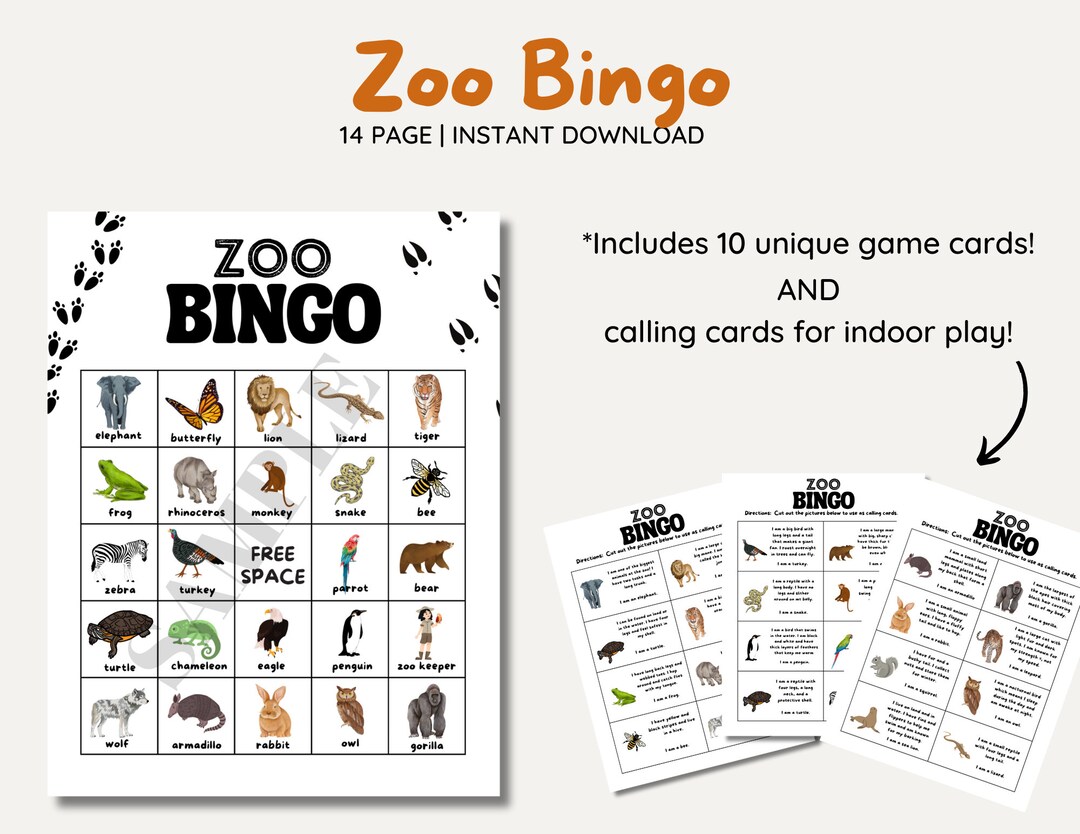 Zoo Bingo - 10 Unique Game Cards, Animal Bingo, Zoo Activity ...