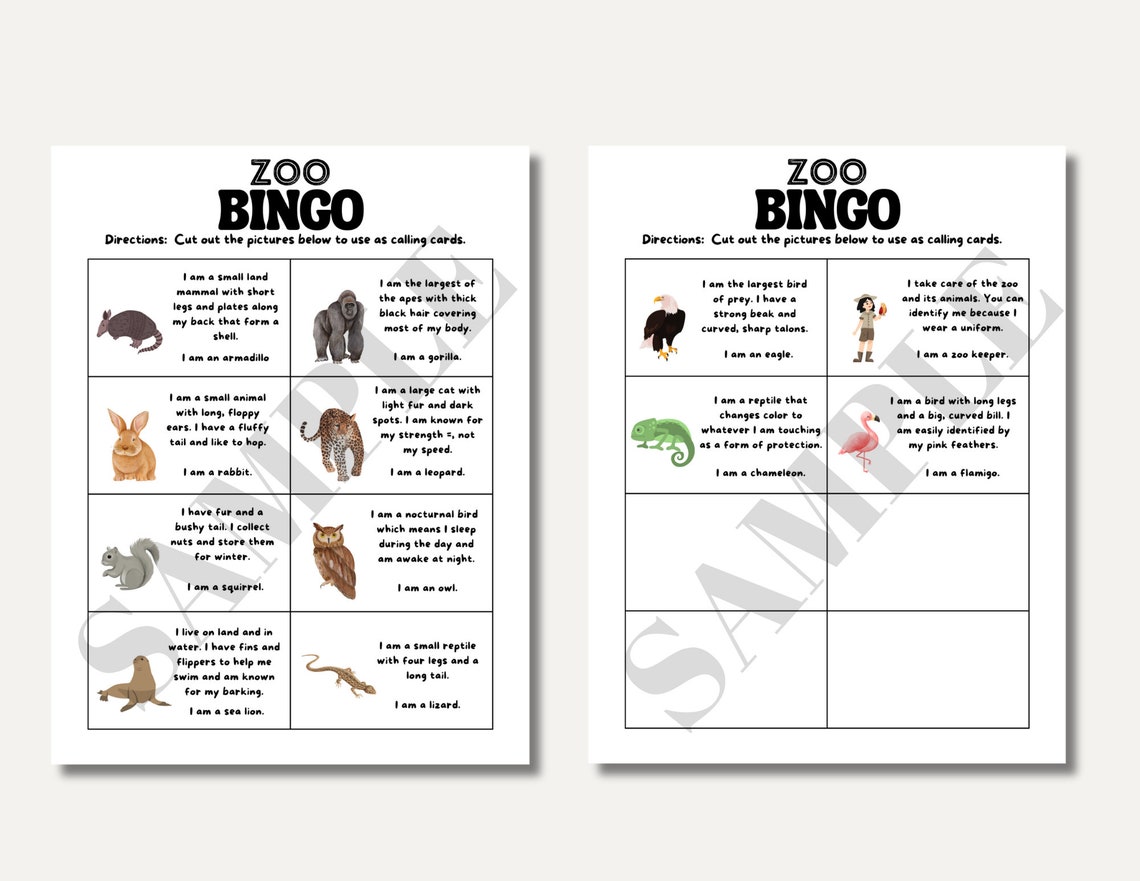 Zoo Bingo - 10 Unique Game Cards, Animal Bingo, Zoo Activity ...
