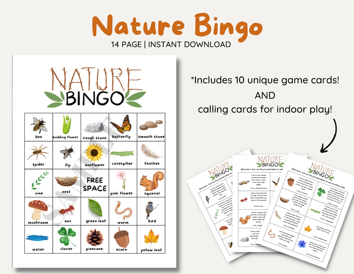 Nature Bingo - 10 Unique Game Cards, Forest Bingo, Nature Activity ...