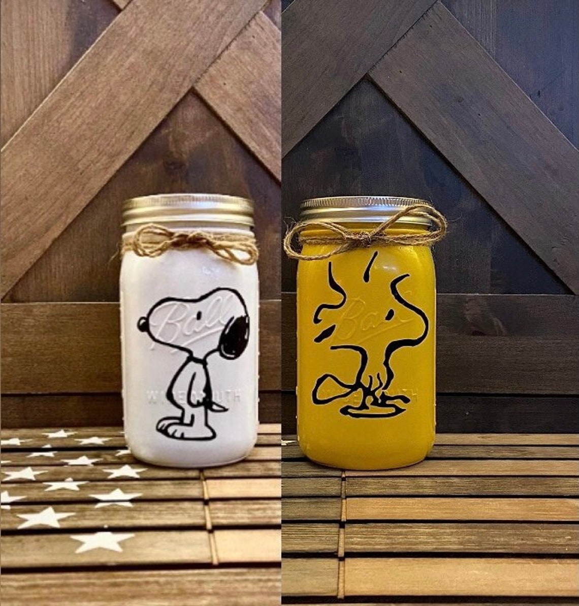 Custom Cartoon Character Mason Jar Designs Snoopy and Woodstock ...