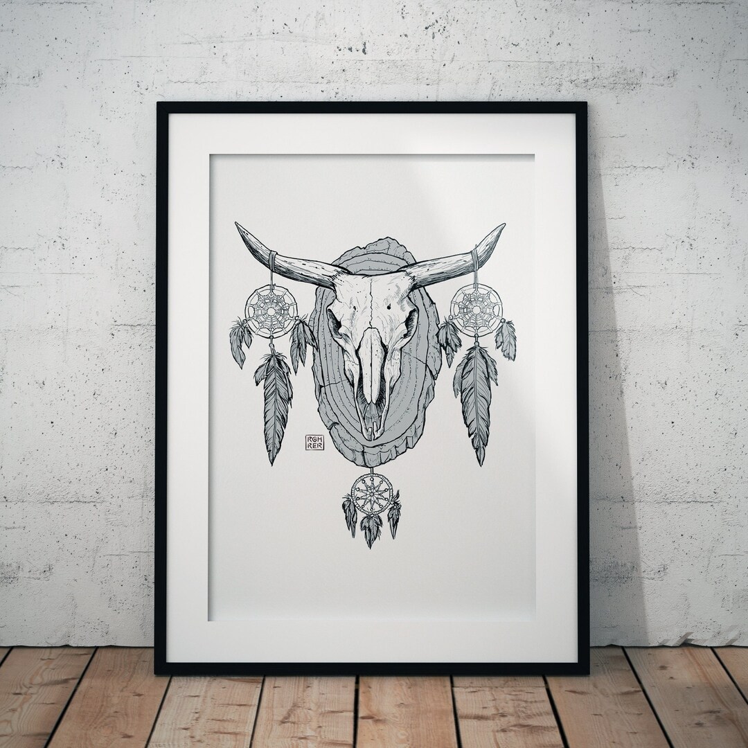ANIMAL SPIRIT || Bull Skull With Dreamcatcher | Ink Drawing | Art Print ...