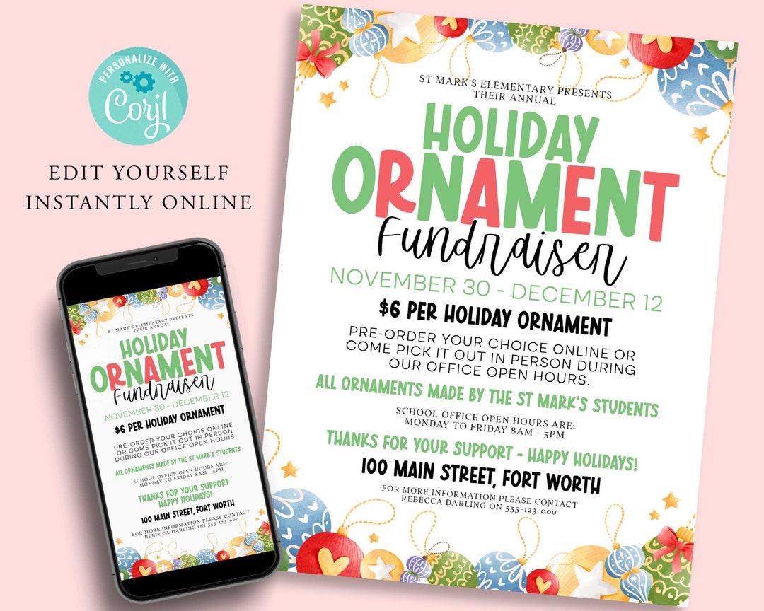 CHRISTMAS Holiday Ornament Fundraiser Flyer, PTA Pto, School Teacher ...