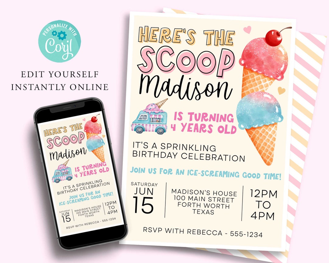 ICE CREAM Party Flyer Editable Template, Diy Kids Birthday, Party ...
