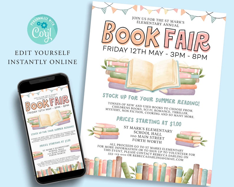 BOOK FAIR Fundraiser Editable Flyer Template, PTO, School Community or ...