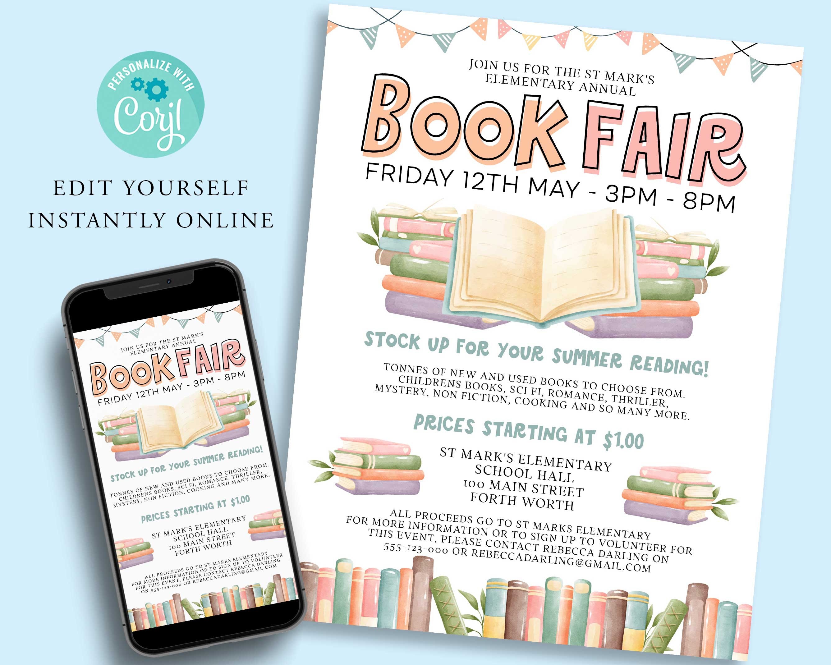 BOOK FAIR Fundraiser Editable Flyer Template, PTO, School Community or ...