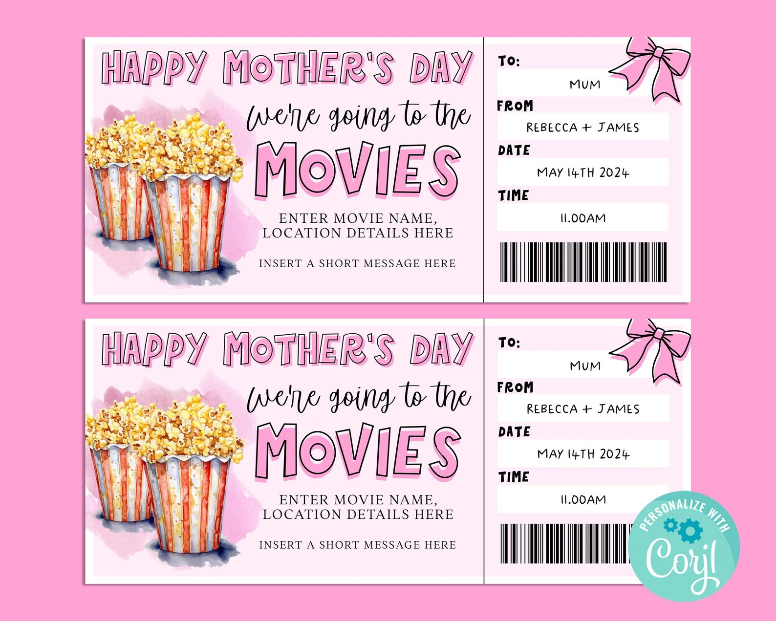 Mothers Day MOVIES Editable Gift Ticket Template, Birthday Gift ...