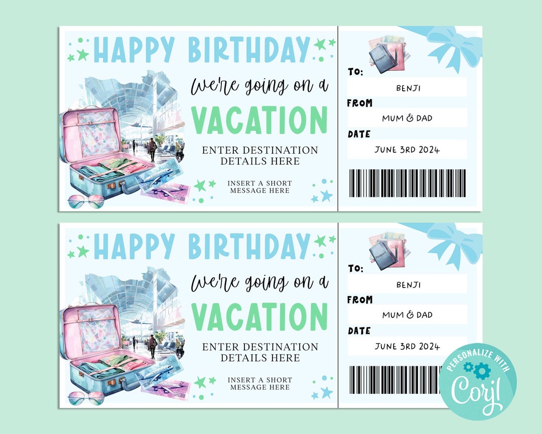 Happy Birthday VACATION Gift Ticket, Birthday Gift Card, Gift ...