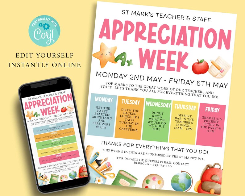 TEACHER APPRECIATION Editable Flyer Template, Staff Invite, Family ...