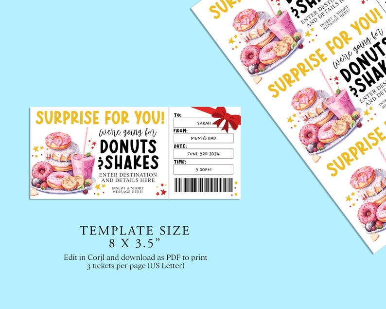 Surprise DONUTS & SHAKES Editable Gift Ticket Template, Happy Birthday ...