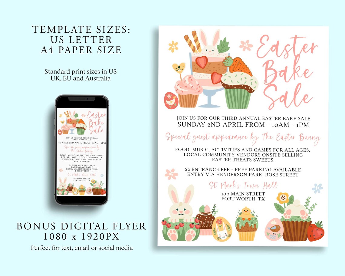 Editable EASTER BAKE SALE Flyer Template, Diy Market Sale, Market Flyer ...