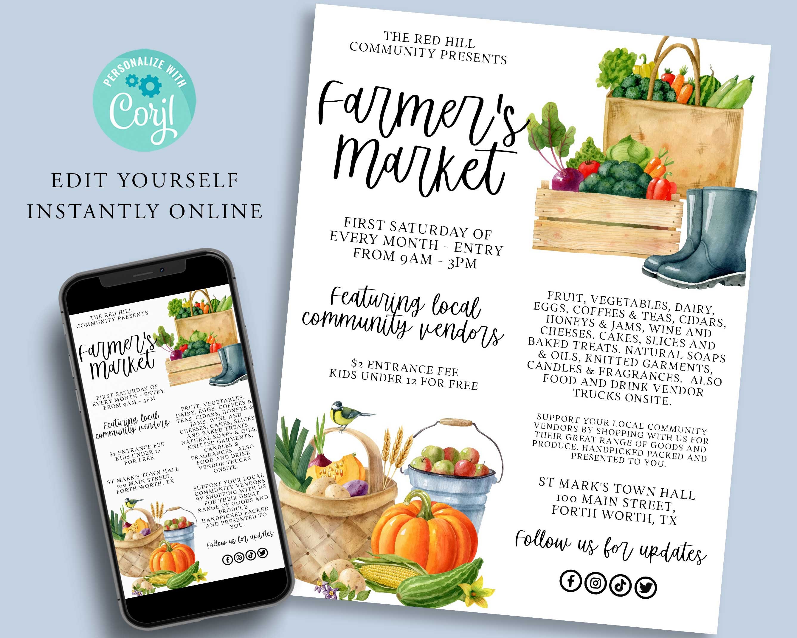 FARMERS MARKET Editable Flyer, DIY Market Fundraiser, Fruit Vegetables ...