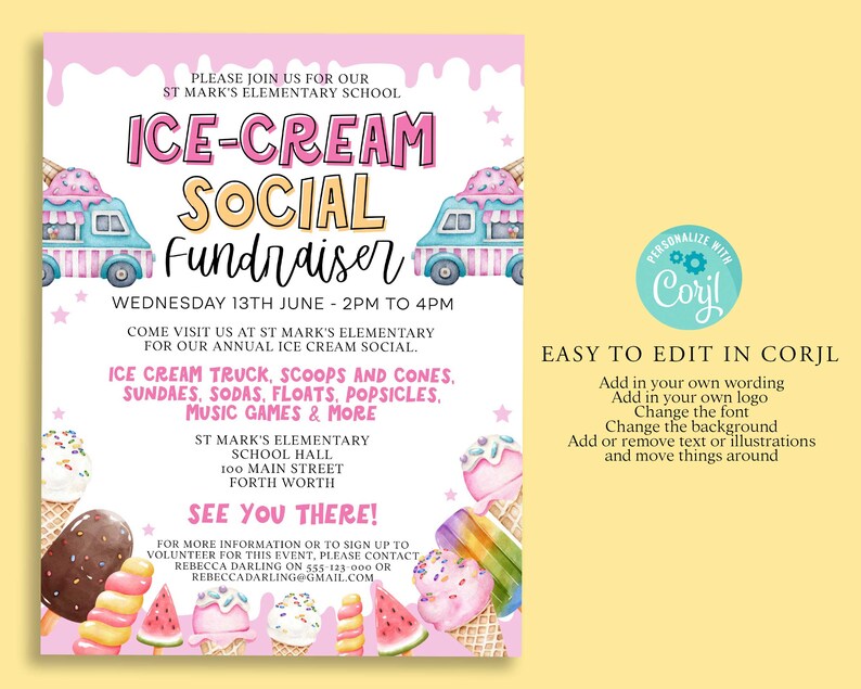 ICECREAM Social Fundraiser Editable Template, Flyer, Printable PTA ...
