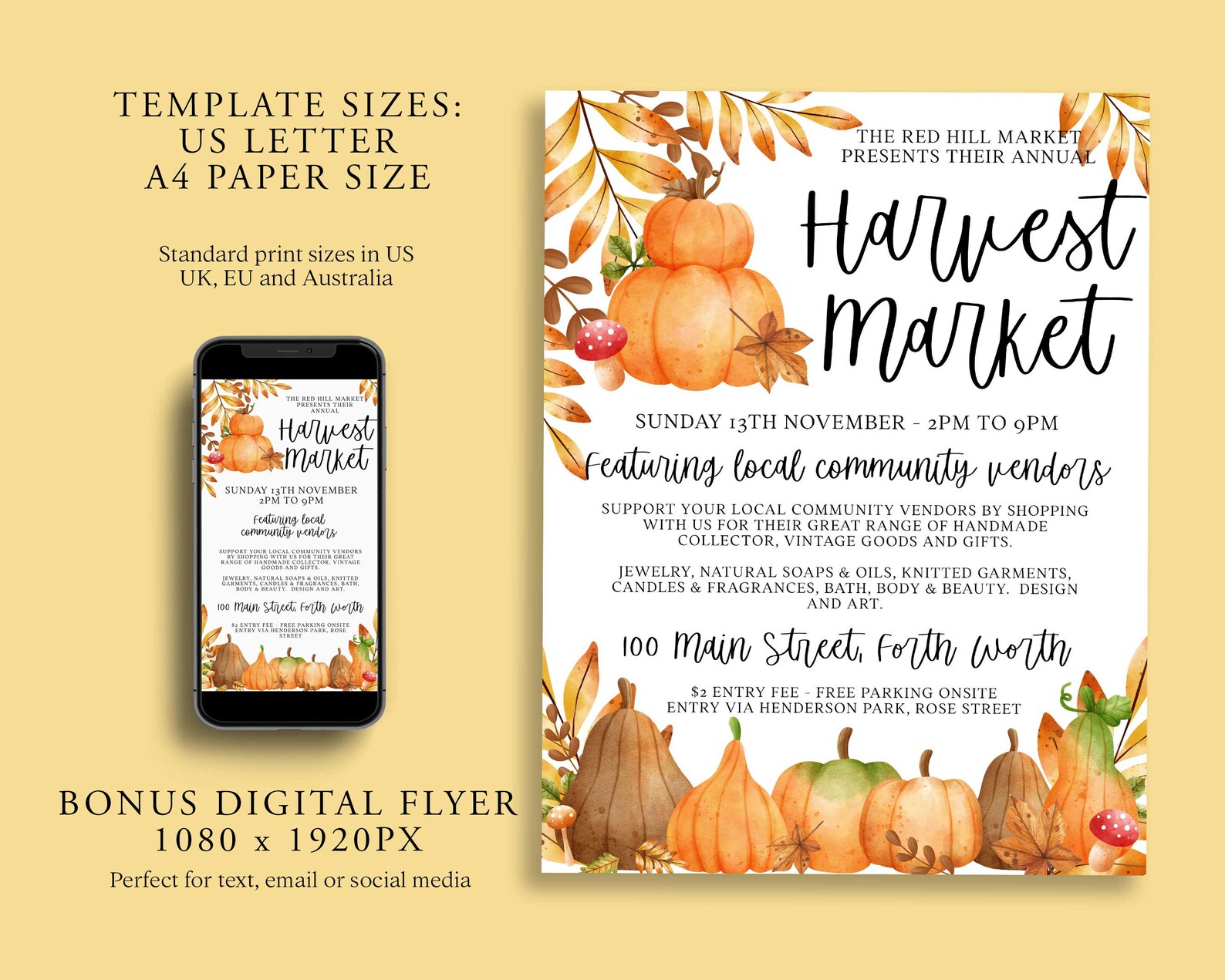 Editable HARVEST MARKET Flyer Template, DIY Market, Event Poster, Fall ...