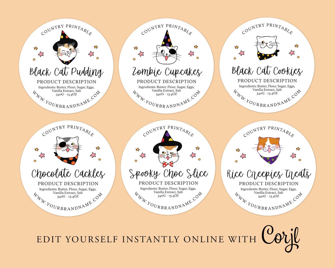 Editable HALLOWEEN Cat Labels, Round Kraft Label, Baking Label ...