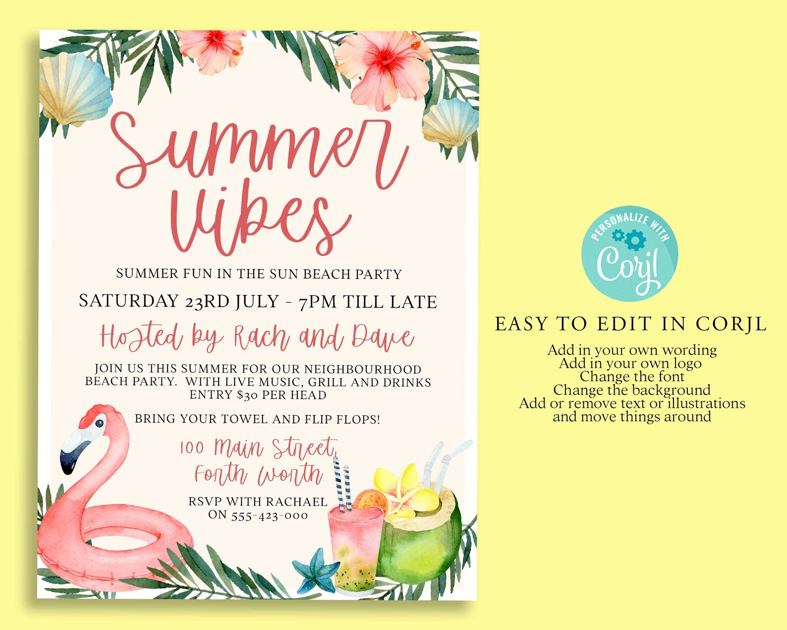 Editable SUMMER Party Flyer Template, Diy Barbeque Invite, Luau, BEACH ...