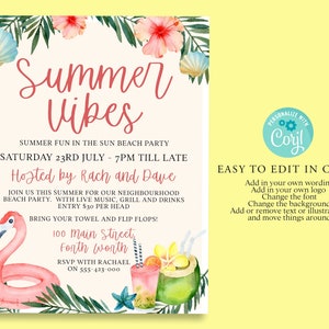Editable SUMMER Party Flyer Template, Diy Barbeque Invite, Luau, BEACH ...